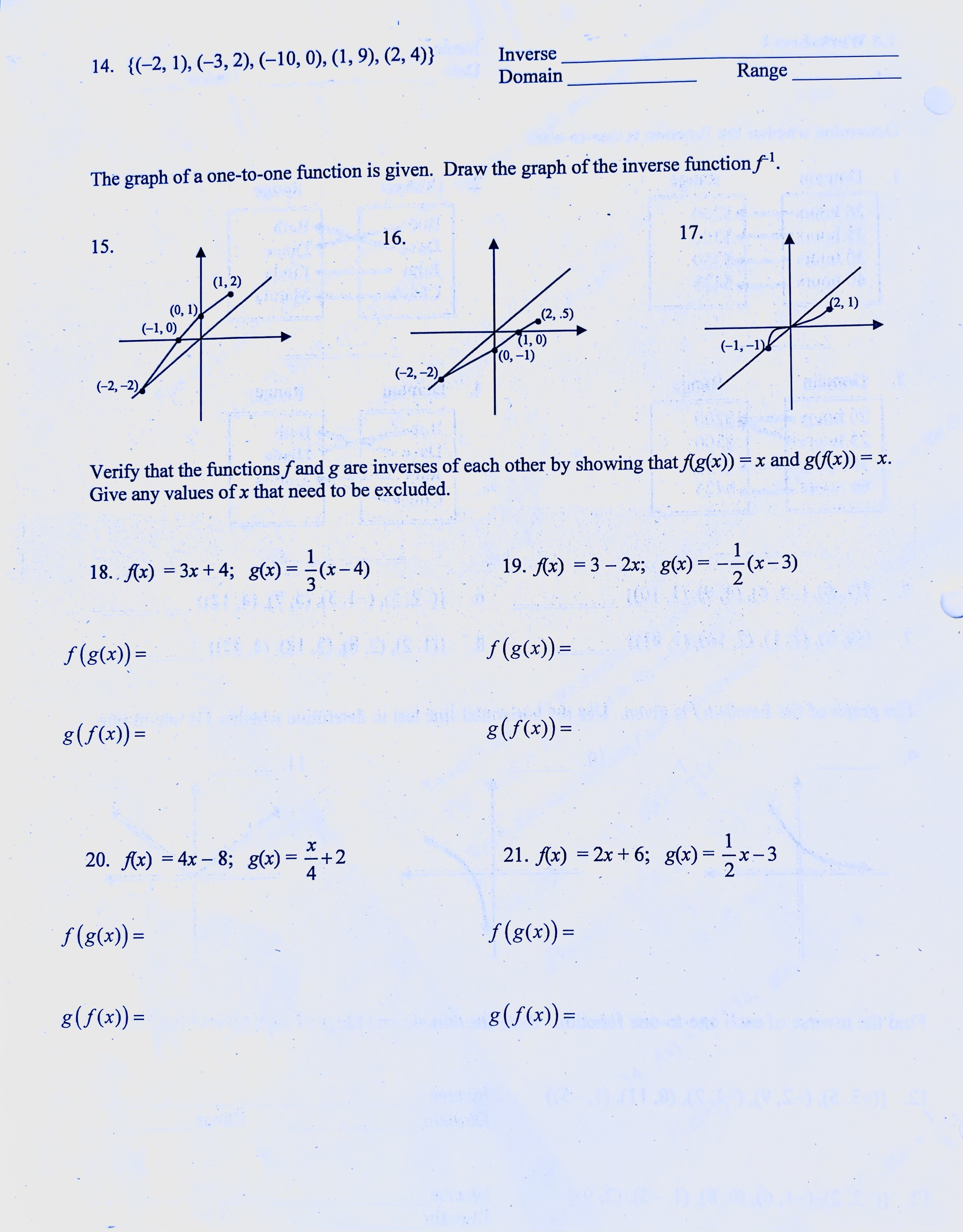 Solved 14. {(−2,1),(−3,2),(−10,0),(1,9),(2,4)} Inverse | Chegg.com