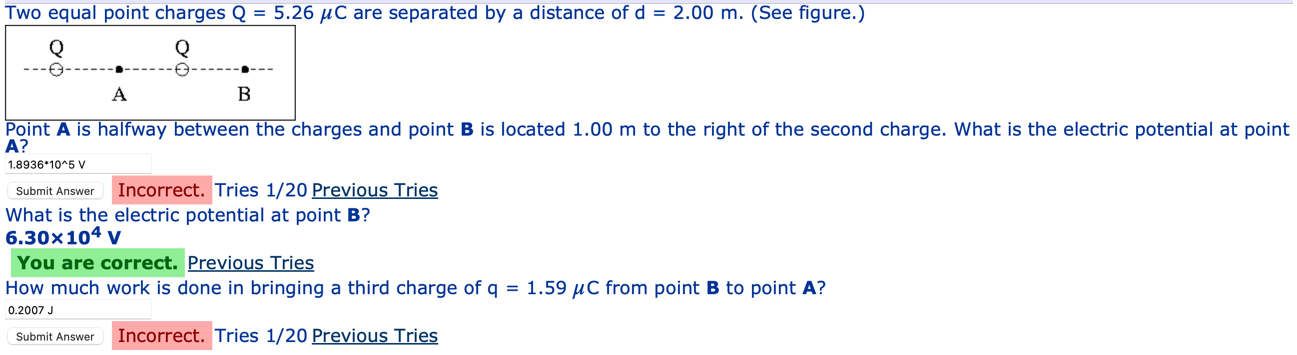 Solved Two equal point charges Q=5.26μC are separated by a | Chegg.com