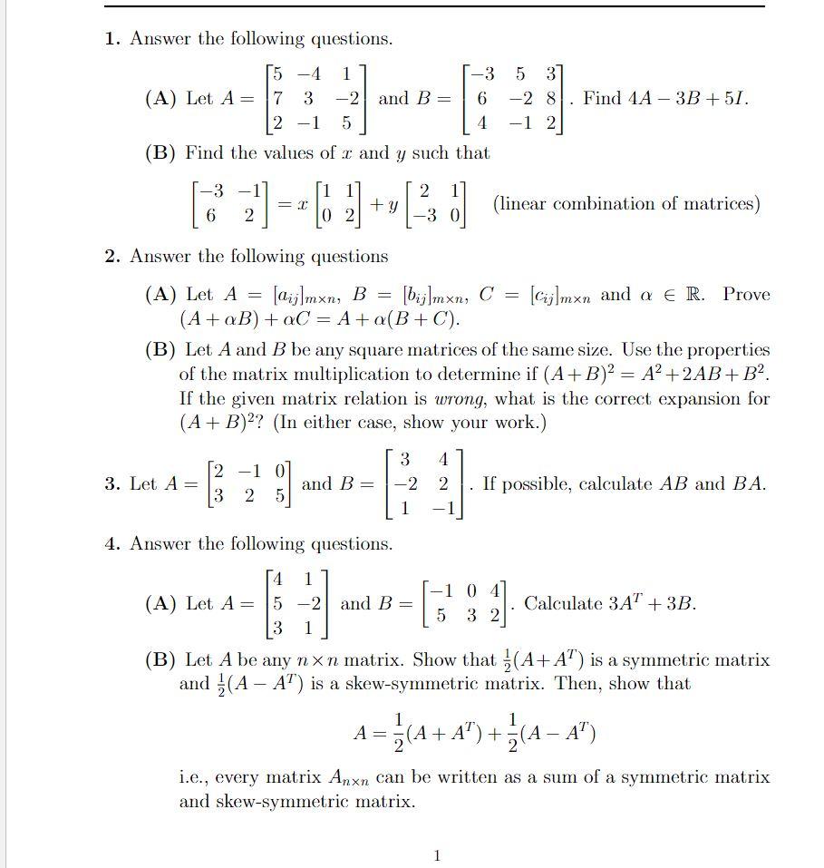 Solved 1. Answer the following questions. (A) Let | Chegg.com