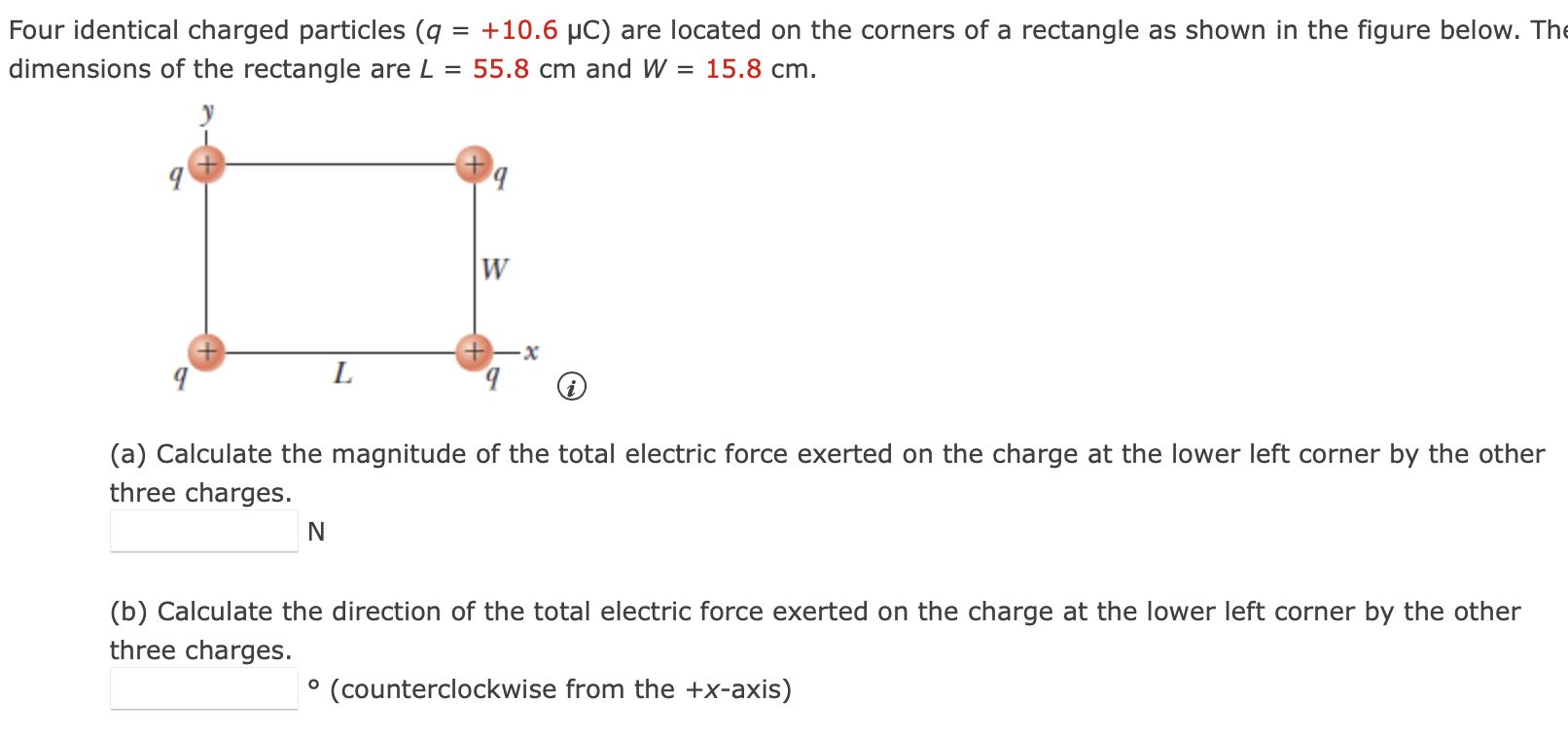 Solved Four identical charged particles (q=+10.6μC) ﻿are | Chegg.com