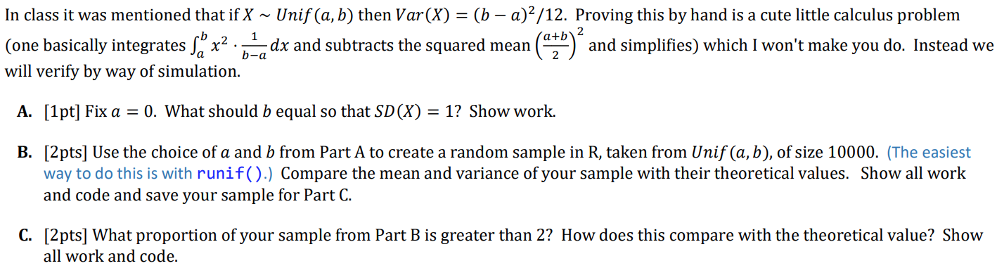 Solved In class it was mentioned that if X∼Unif(a,b) then | Chegg.com