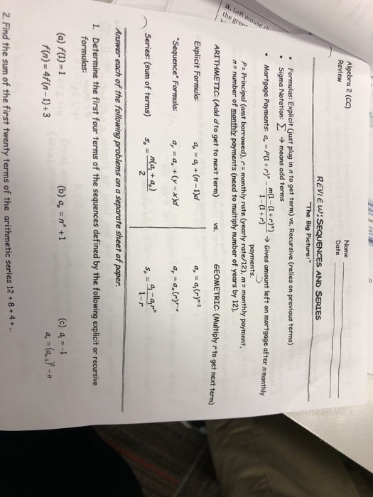 Solved Algebra 2 (Cc) Review Name Date REVIEW: SEQUENCES AND | Chegg.com