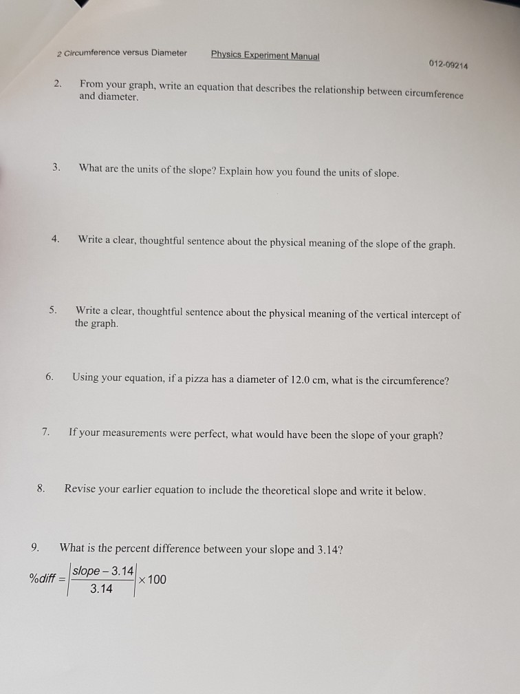 Solved 012-09214 Physics Experiment Manual 2 Circumference | Chegg.com