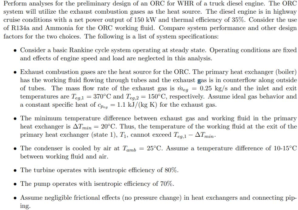 Perform analyses for the preliminary design of an ORC | Chegg.com