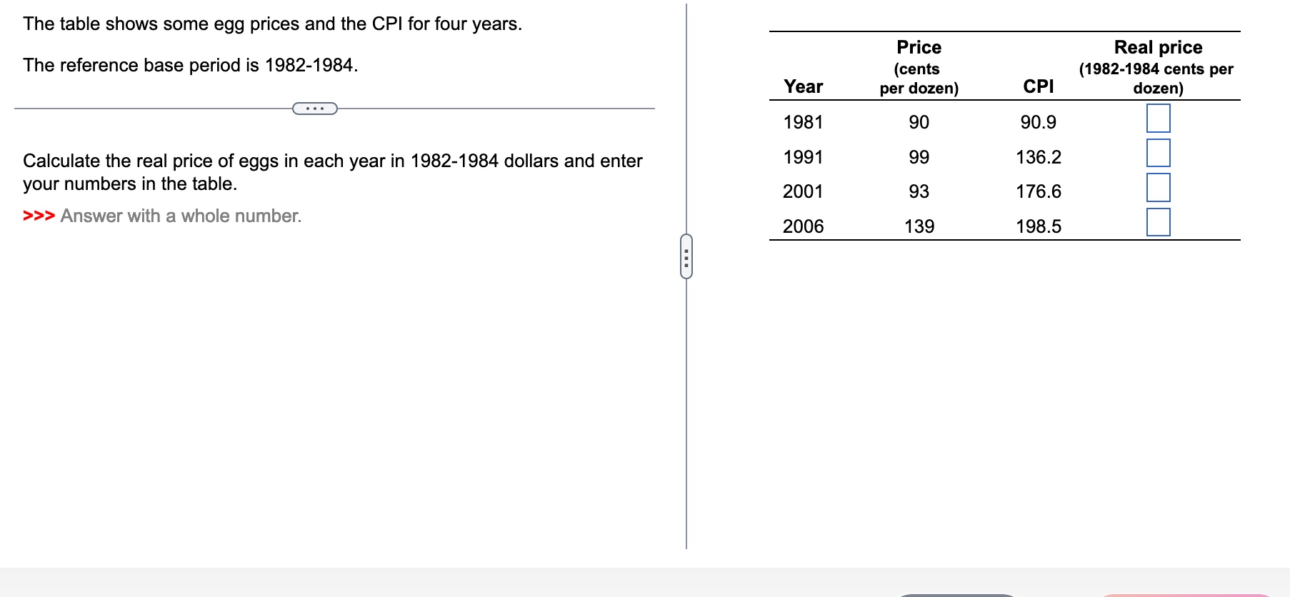 Solved The table shows some egg prices and the CPI for four | Chegg.com