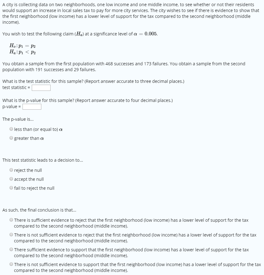 Solved A city is collecting data on two neighborhoods, one | Chegg.com