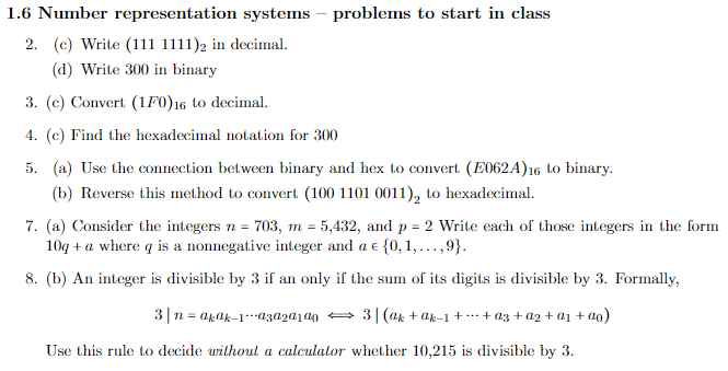Solved 1.6 Number representation systems - problems to start | Chegg.com