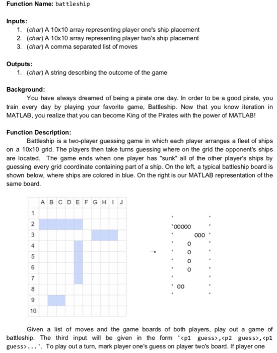 Solved Function Name Battleship Inputs 1 Char A 10x10 