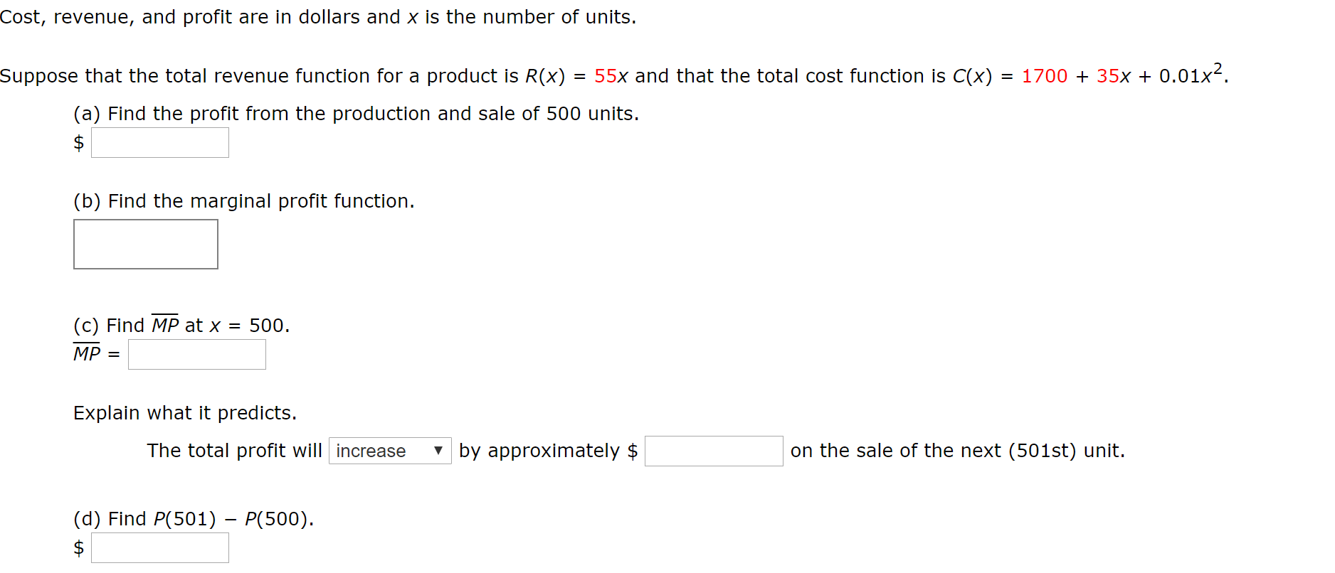 Solved Cost, revenue, and profit are in dollars and x is the | Chegg.com