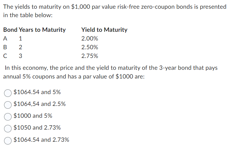 Solved The yields to maturity on $1,000 par value risk-free | Chegg.com