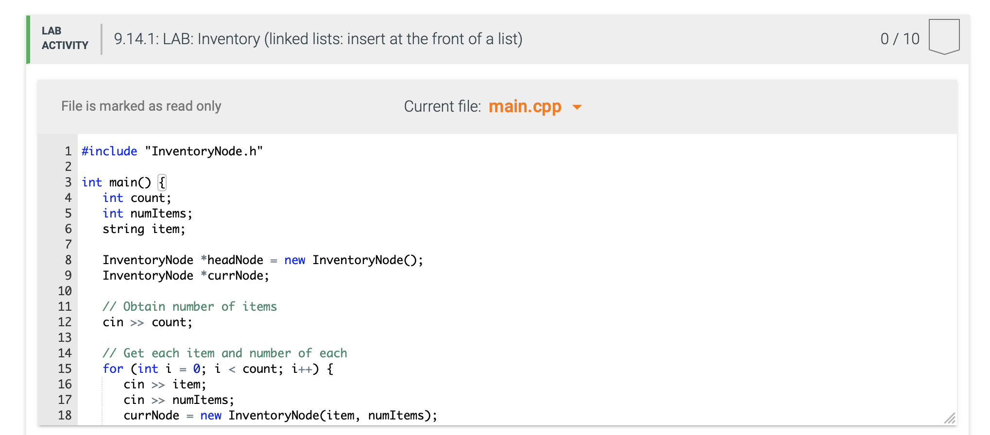 Solved 9.14 LAB: Inventory (linked lists: insert at the | Chegg.com