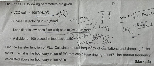 Solved Q2. For a PLL following parameters are given - Phase | Chegg.com
