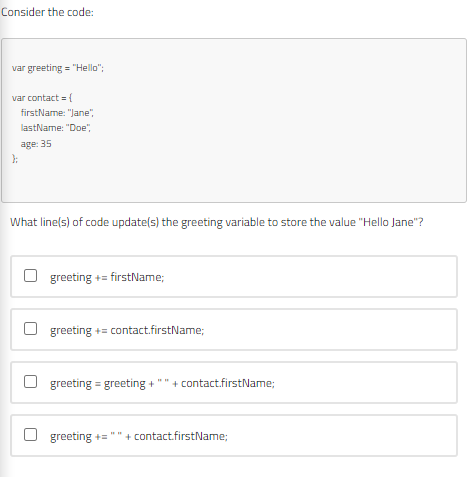 Solved Consider the code: var greeting = "Hello"; var | Chegg.com