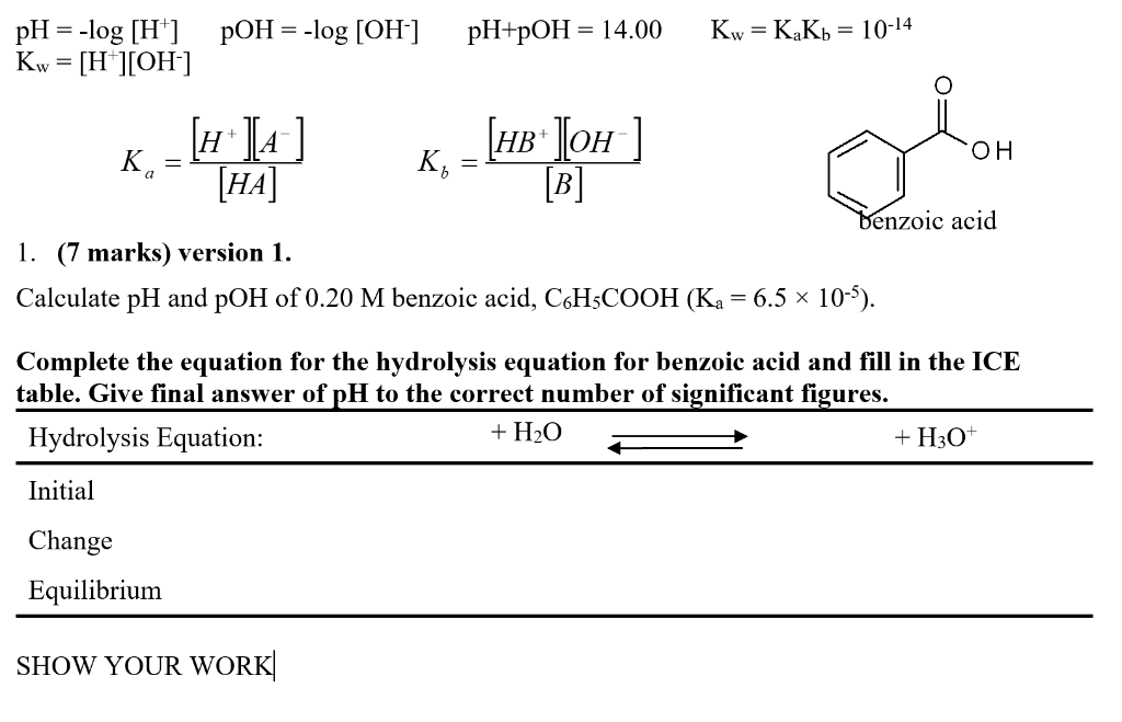 Solved pOH = -log [OH-] pH = -log [H'] Kw = [H+][OH-] pH+pOH | Chegg.com