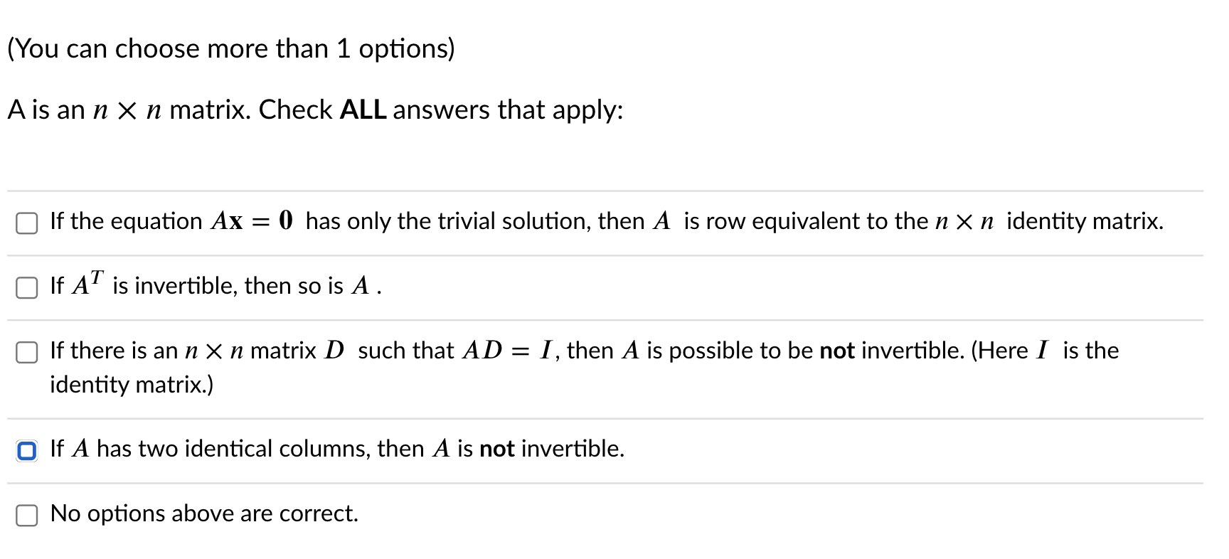 Solved (You can choose more than 1 options) A is an n x n | Chegg.com