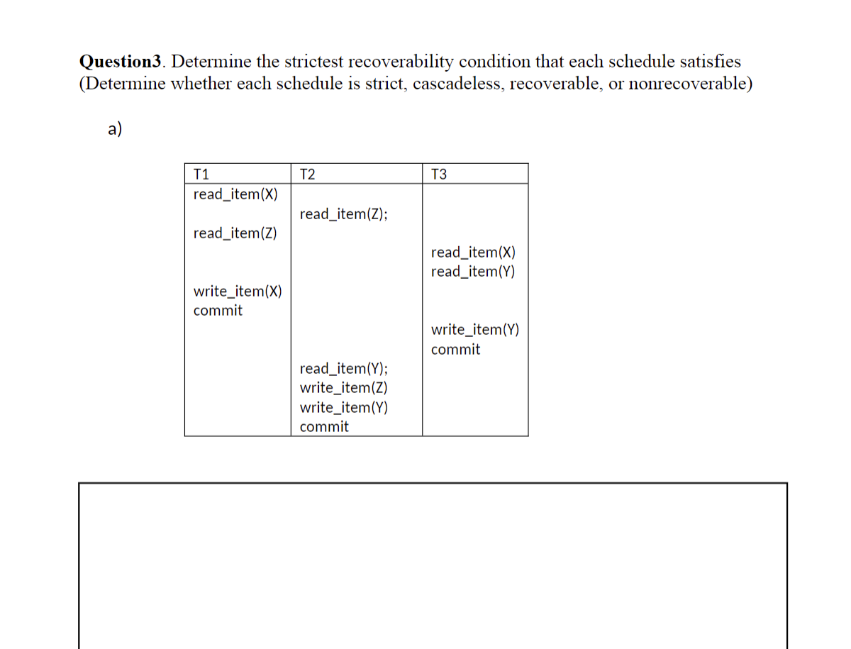 Solved Question3. Determine the strictest recoverability | Chegg.com