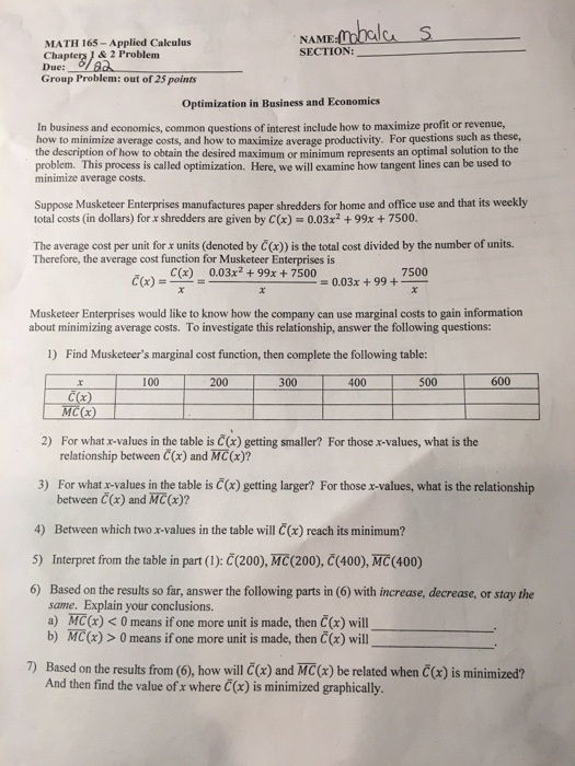 Solved MATH 165-Applied Calculus Chapter 1& 2 Problem | Chegg.com