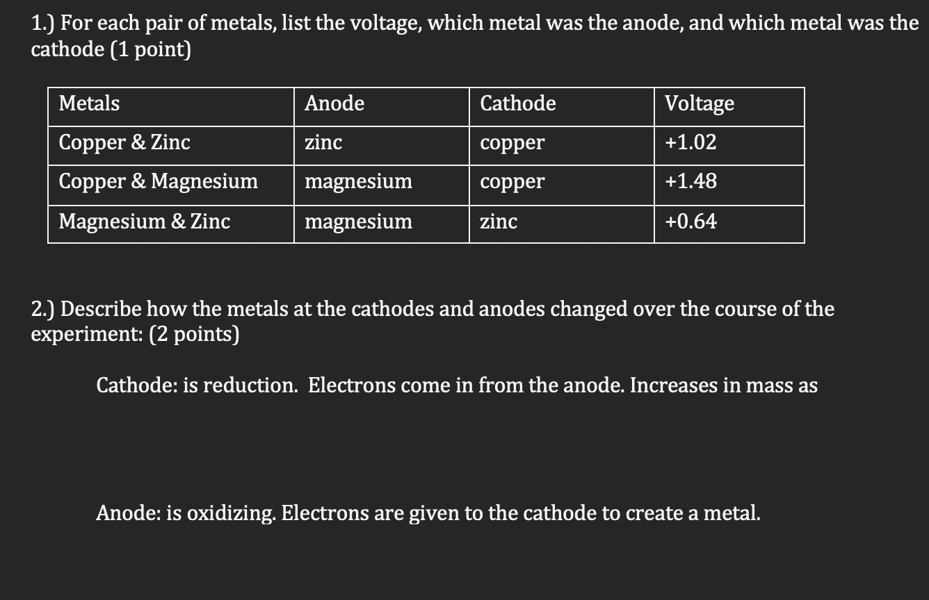 Solved 1.) For each pair of metals, list the voltage, which | Chegg.com