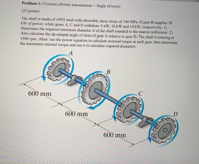 Solved Problem 1: (Torsion) (Power transmission + Angle of | Chegg.com