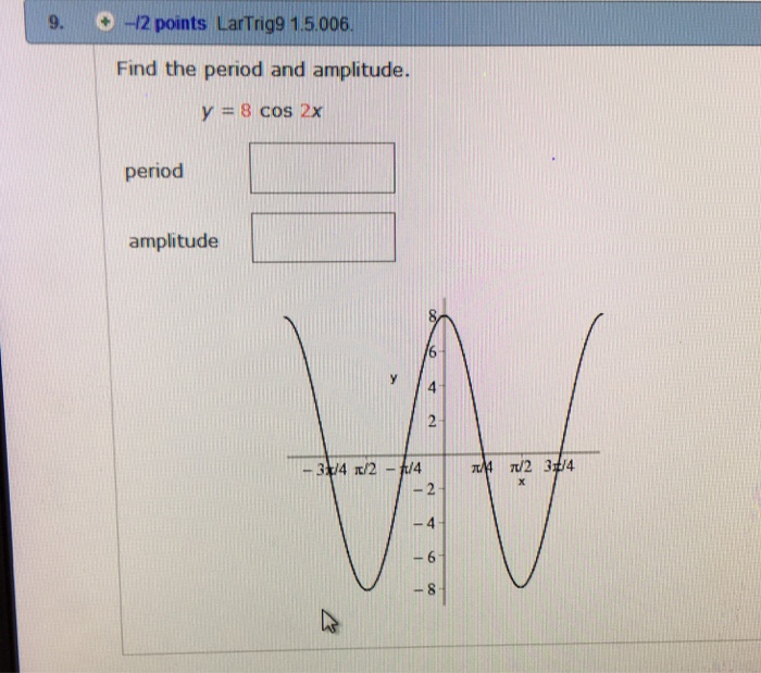 Solved Find the period and amplitude. y = 8 cos 2x period | Chegg.com