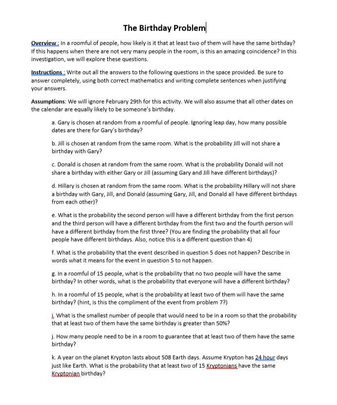 Solved The Birthday Problem Overview: In a roomful of | Chegg.com