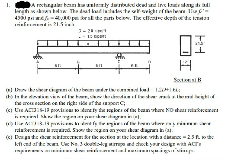Solved 1. A rectangular beam has uniformly distributed dead | Chegg.com