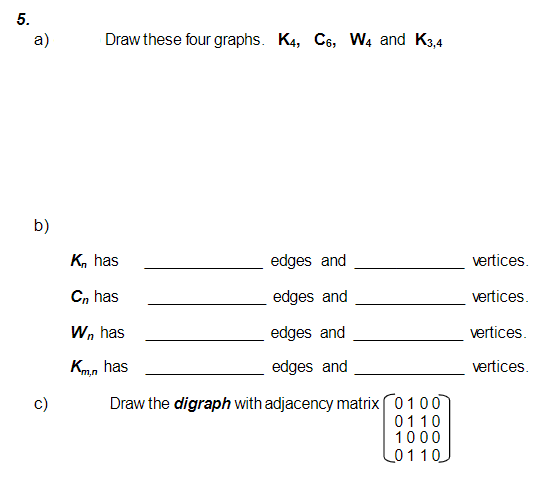 Solved . 5. a) Draw these four graphs. K4, C6, W4 and K3,4 | Chegg.com