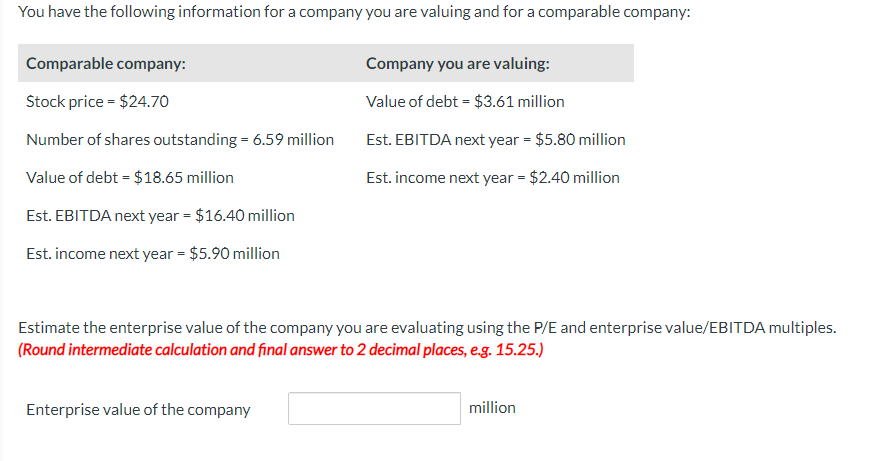 Solved Estimate the enterprise value of the company you are | Chegg.com