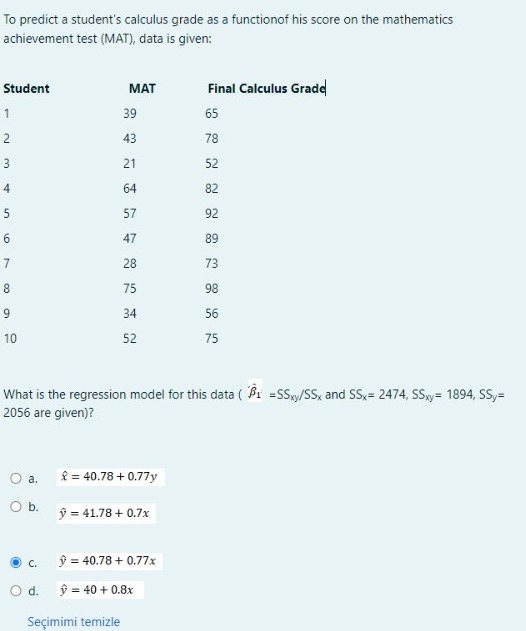 Solved To predict a student's calculus grade as a functionof | Chegg.com