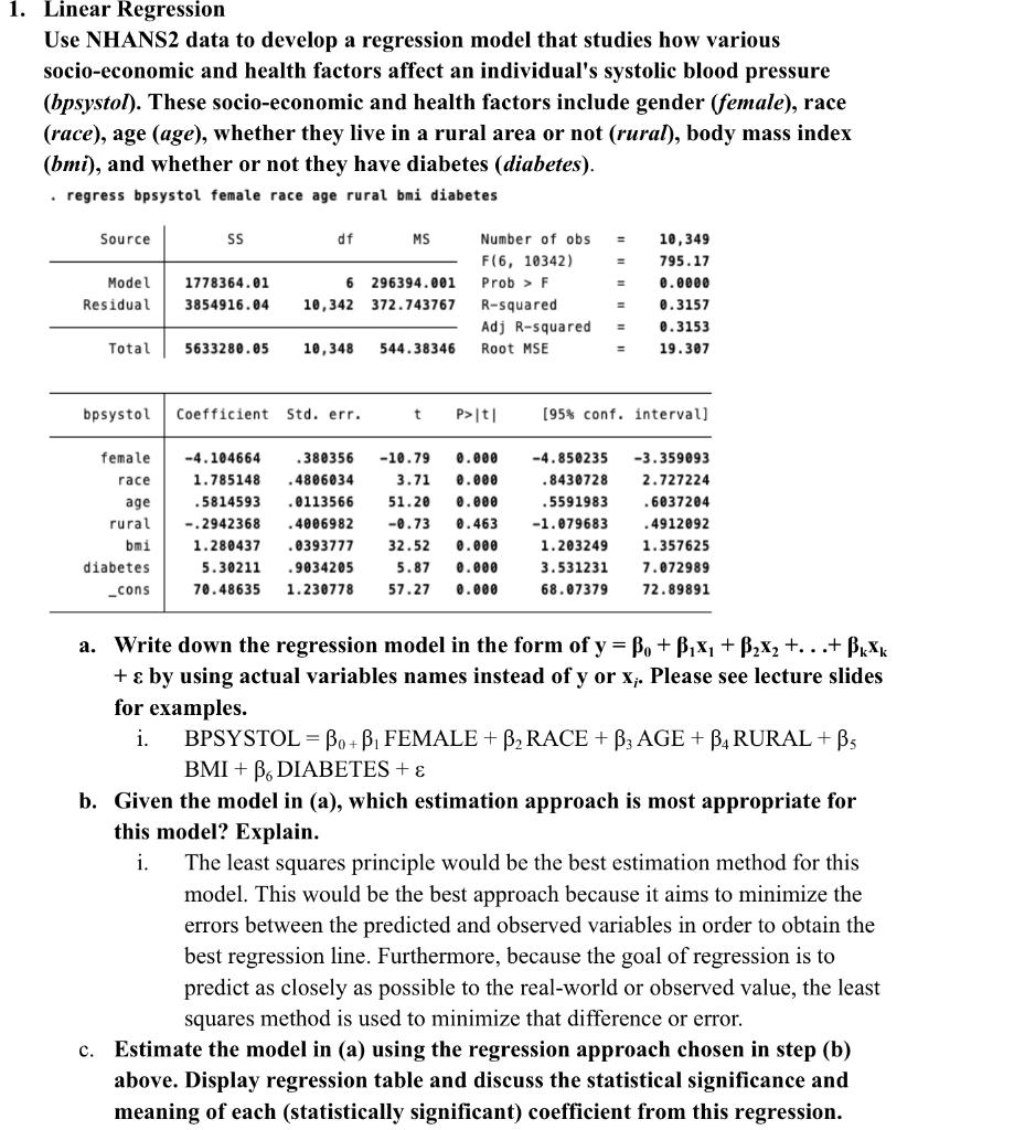 Solved Linear Regression Use NHANS2 data to develop a | Chegg.com