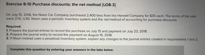 Solved Exercise 8-10 Purchase discounts; the net method | Chegg.com