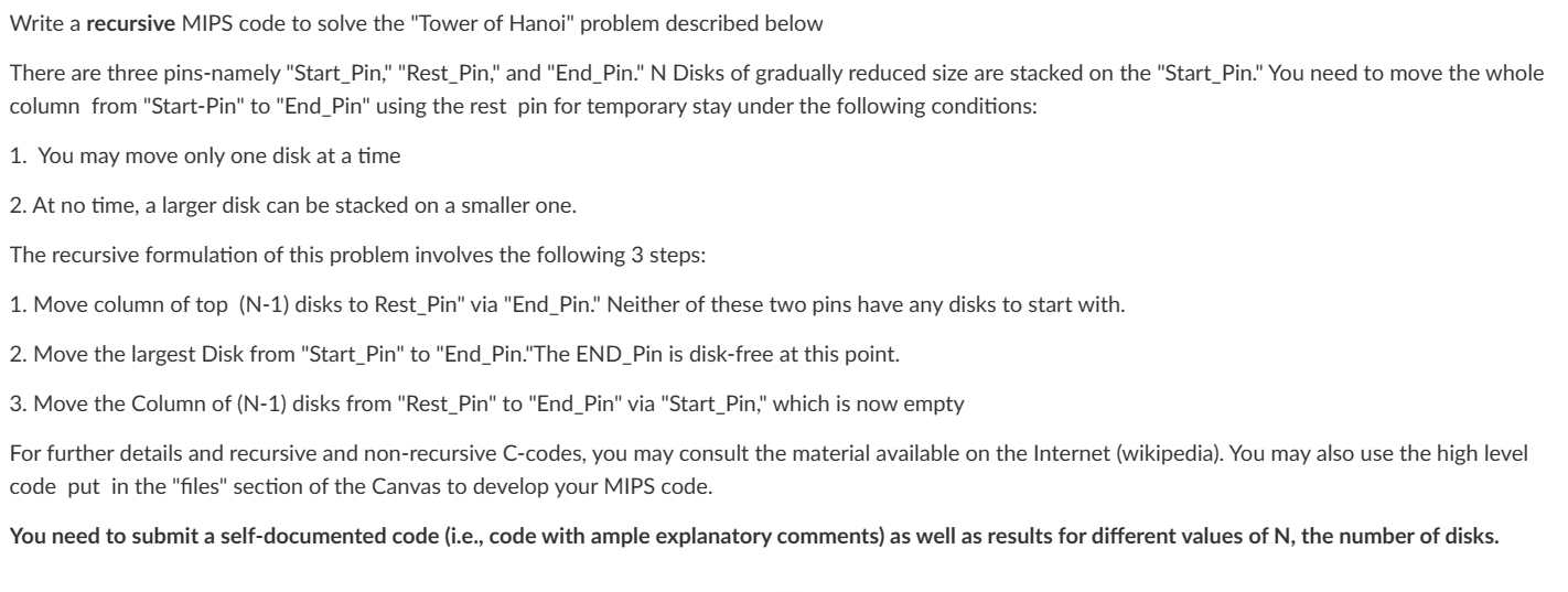 Solved Write a recursive MIPS code to solve the "Tower of | Chegg.com