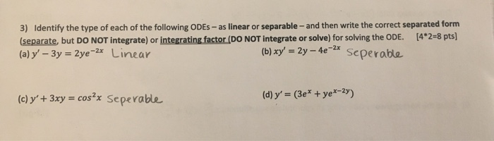 Solved 3) Identify the type of each of the following ODEs - | Chegg.com