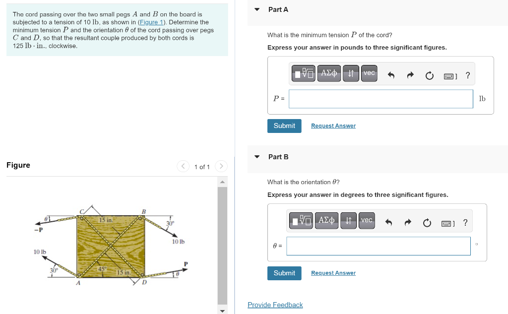 Solved The cord passing over the two small pegs A and B on | Chegg.com