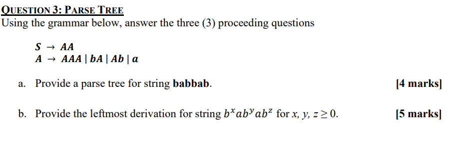 Solved PARSE TREE Using the grammar below, answer the three | Chegg.com