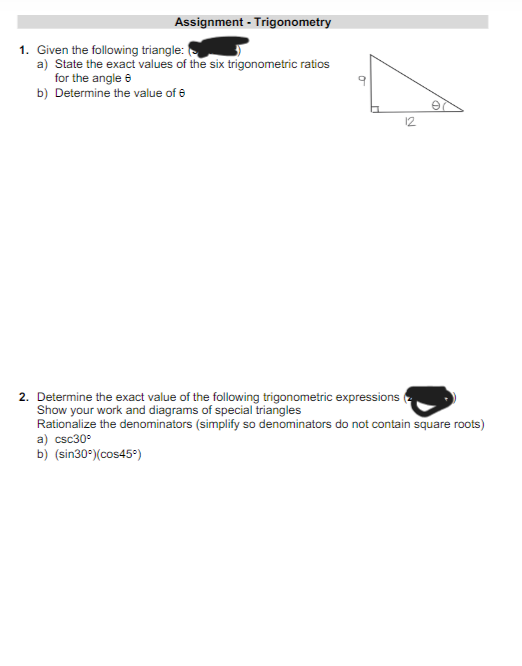 Solved Assignment - Trigonometry 1. Given the following | Chegg.com