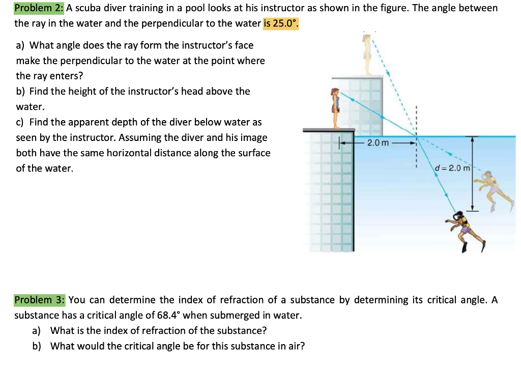 Solved Problem 2: A scuba diver training in a pool looks at | Chegg.com
