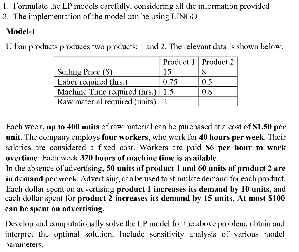 1. Formulate the LP models carefully, considering all | Chegg.com
