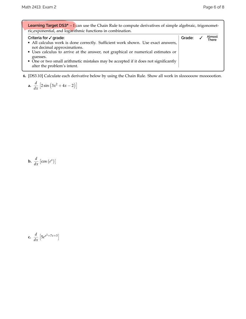 Solved Math 2413: Exam 2 Page 6 of 8 Learning Target DS3* - | Chegg.com