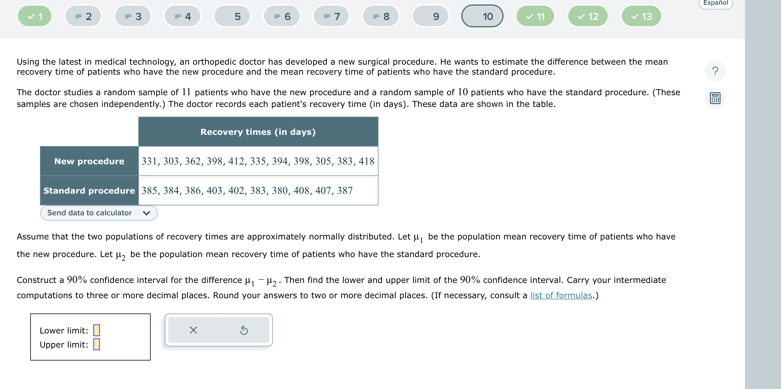 Solved recovery time of patients who have the new procedure | Chegg.com
