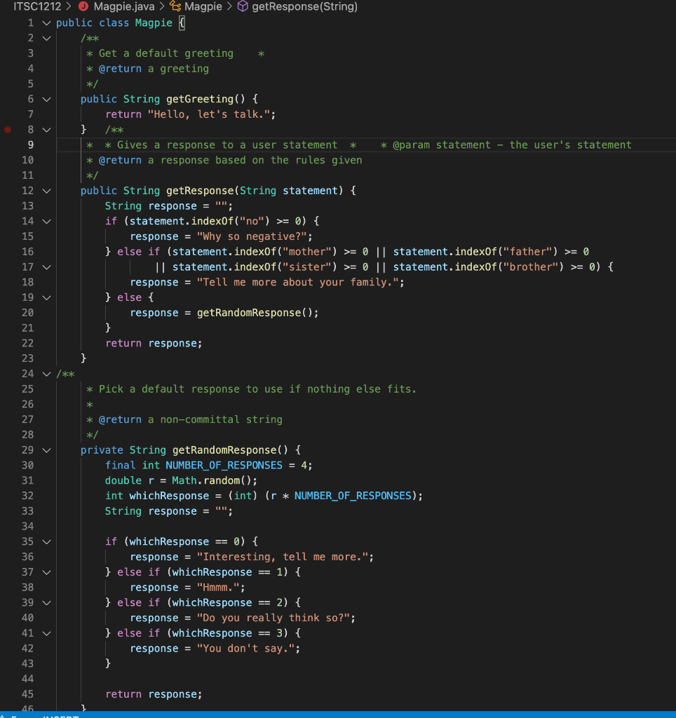 * ITSC1212 > Magpie.java > Es Magpie | Chegg.com