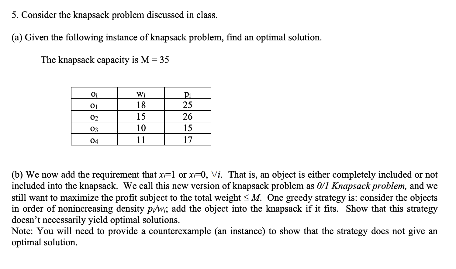 Solved 5 Consider The Knapsack Problem Discussed In Class 