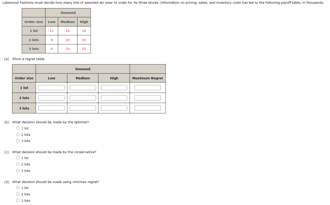 Solved (a) Show a regret table. (b) What decision should be | Chegg.com
