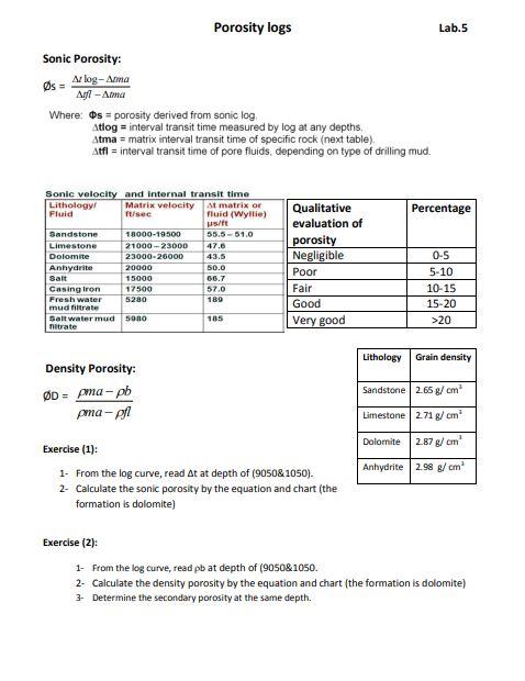 Porosity Logs (Sonic + Density ) there is only 2 | Chegg.com