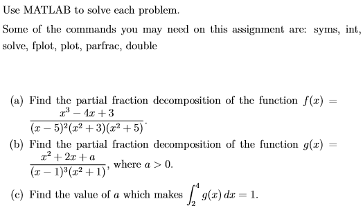 Solved Use MATLAB to solve each problem Some of the commands | Chegg.com