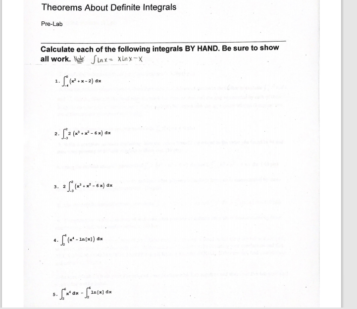 Solved Theorems About Definite Integrals Pre-Lab Calculate | Chegg.com