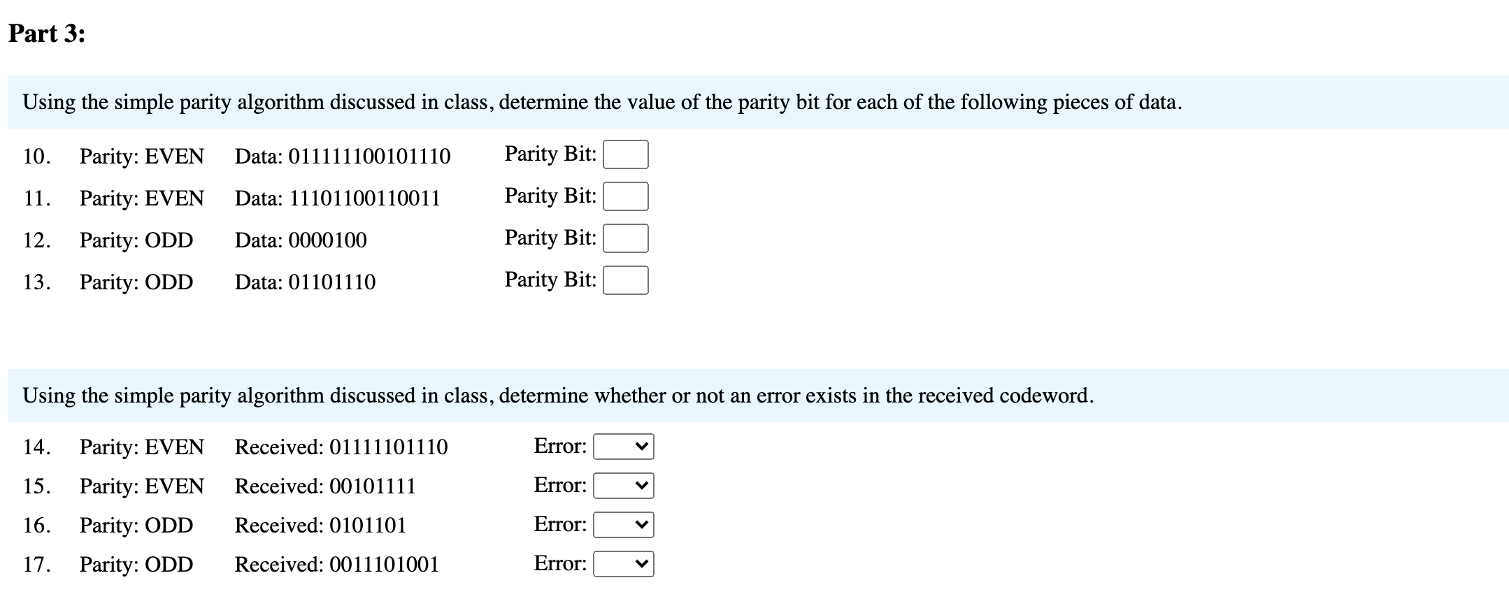 Solved Part 3: Using the simple parity algorithm discussed | Chegg.com