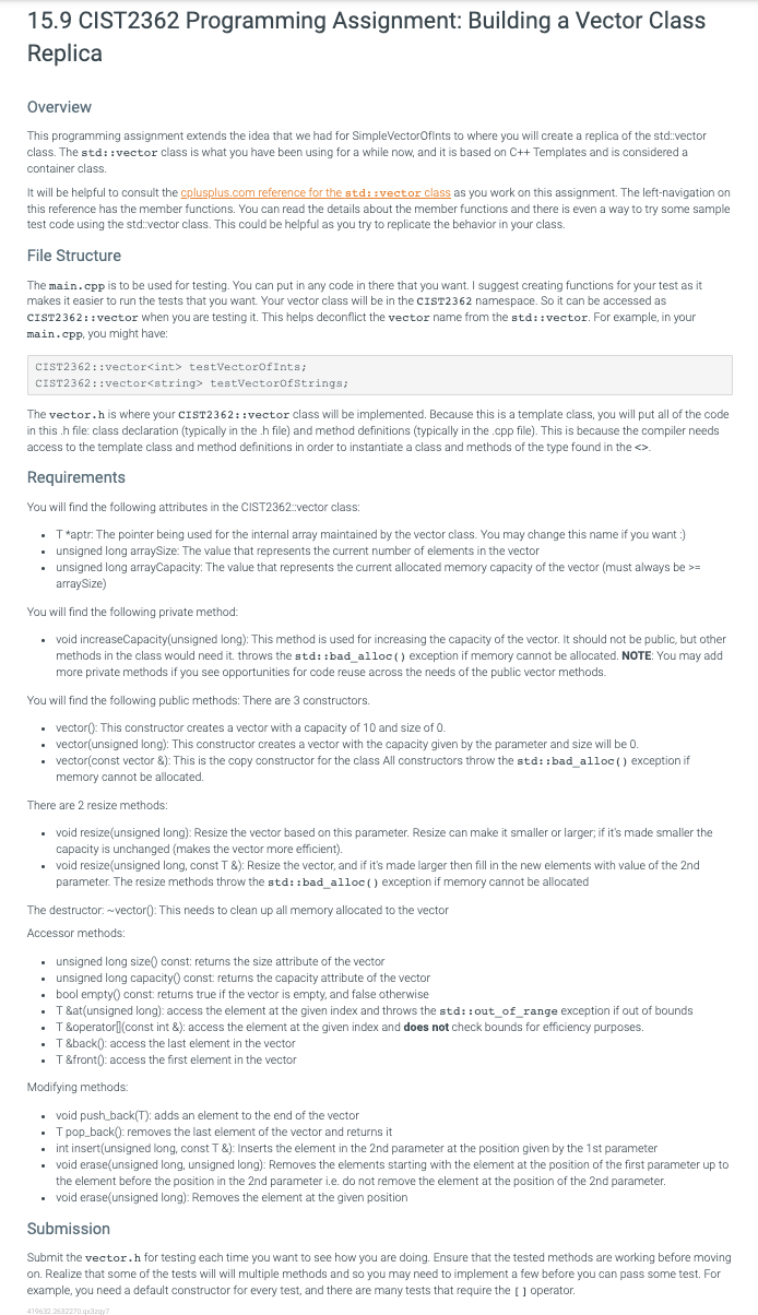 Solved vetor.h file // vector class template #ifndef | Chegg.com