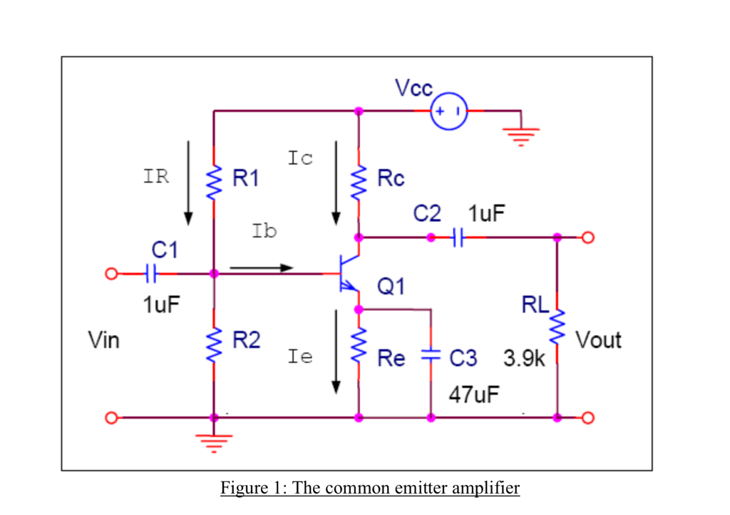 Solved Vcc Ic IR R1 Rc C2 1uF Ib C1 Q1 1uF RL Vin R2 Vout Ie | Chegg.com