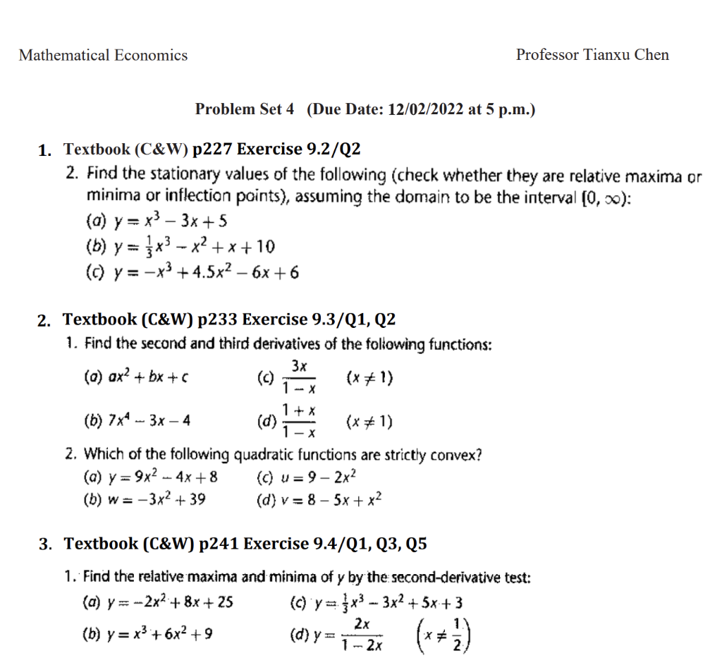 Solved Mathematical Economics Professor Tianxu Chen Problem | Chegg.com